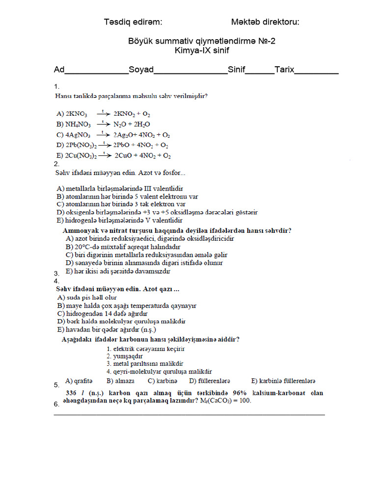 BSQ - 2 Kimya IX Sinif | PDF