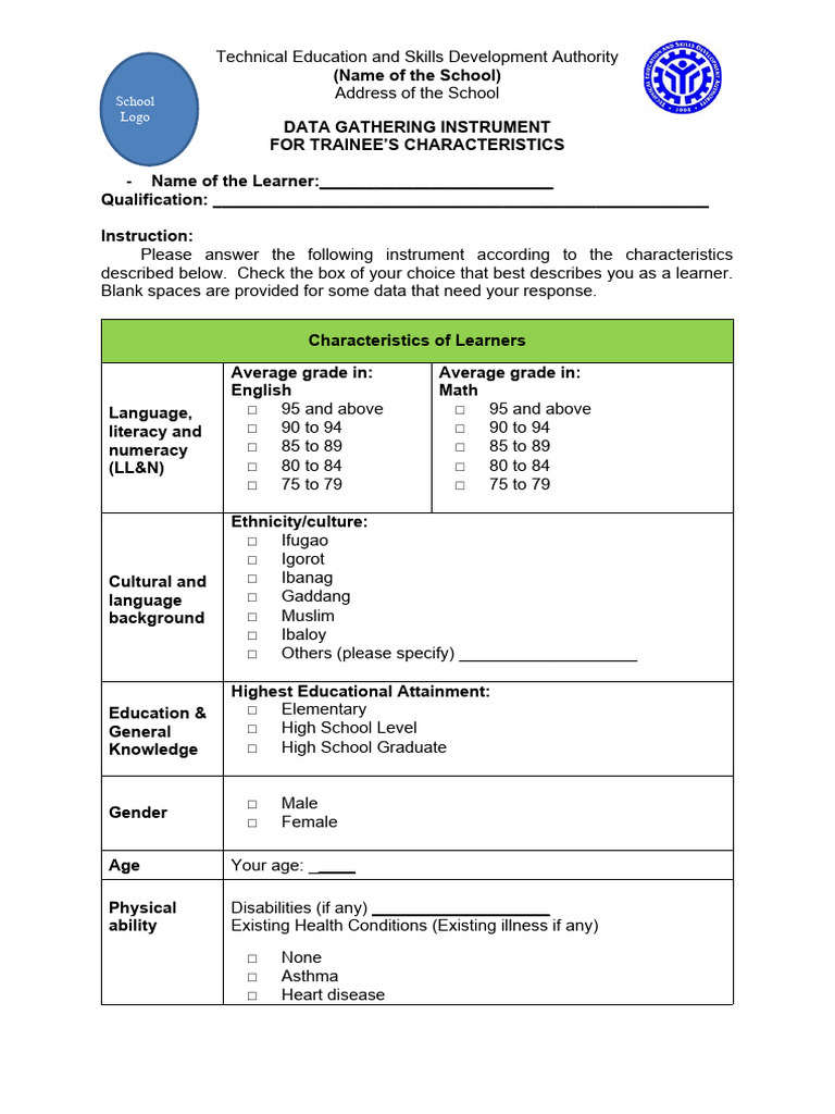 Trainee Characteristics Data Gathering Tool | PDF | Learning | Behavior ...