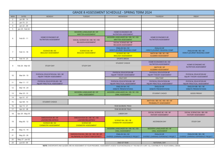 Grade 8 Assessment Schedule 2023 - 2024 - GRADE 8 SPRING | PDF | Science