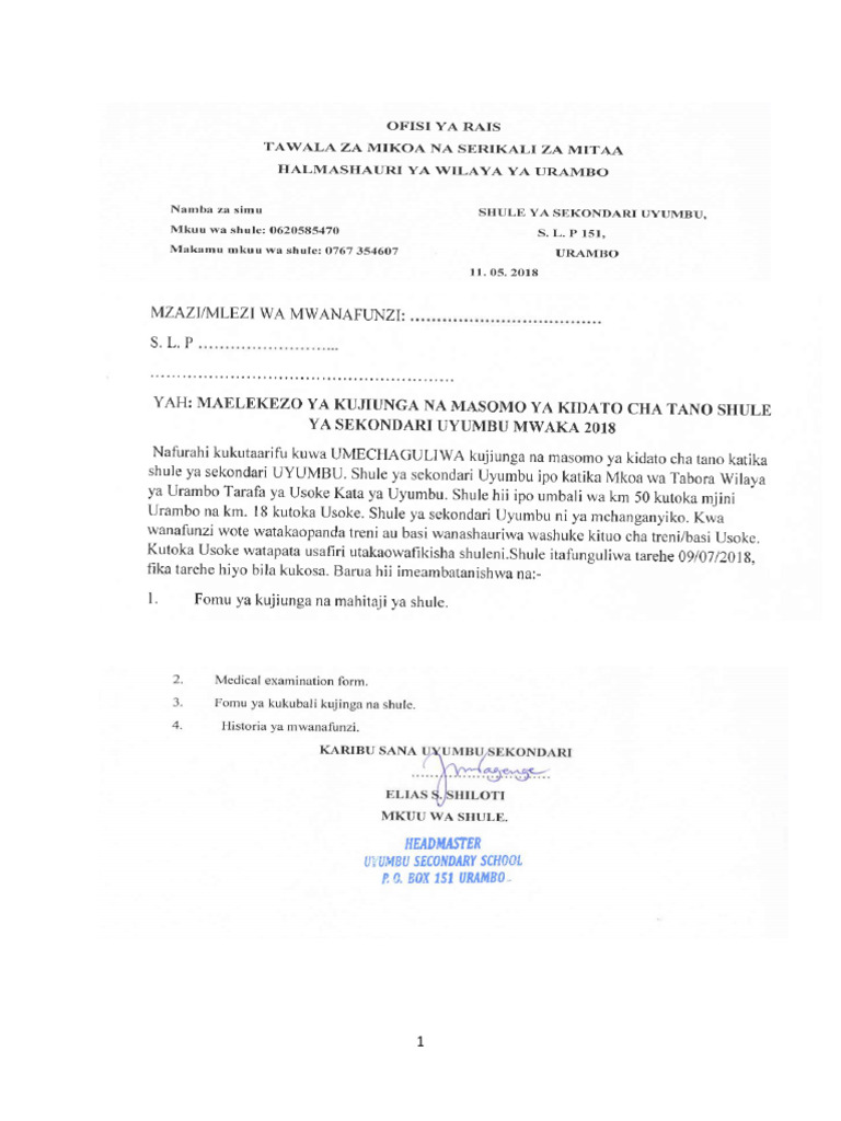 Uyumbu Secondary School Joining Instruction | PDF