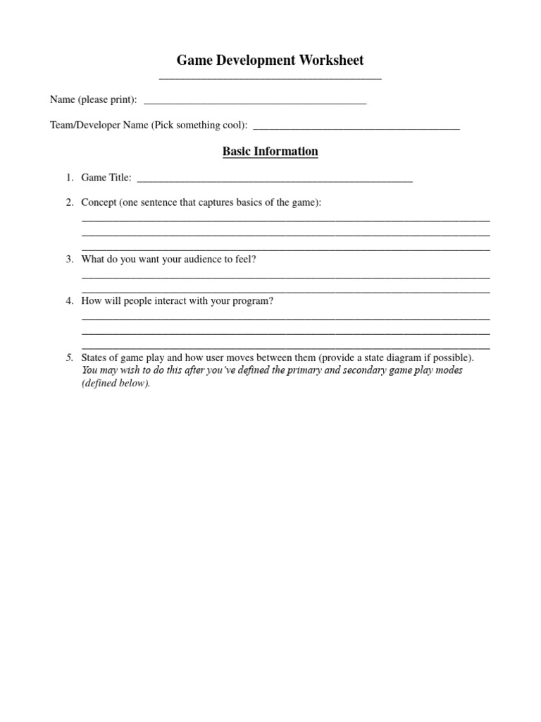 Game Development Worksheet | PDF