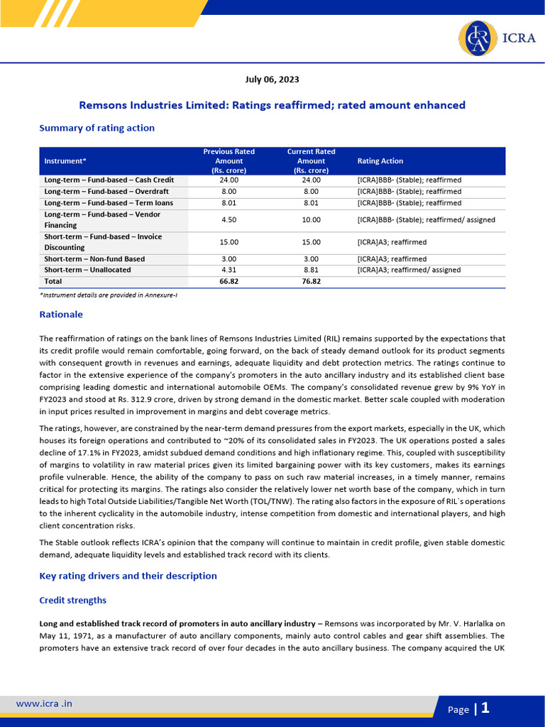 Remsons Industries Ltd: Rating Update 2023 | PDF | Debt | Discounting