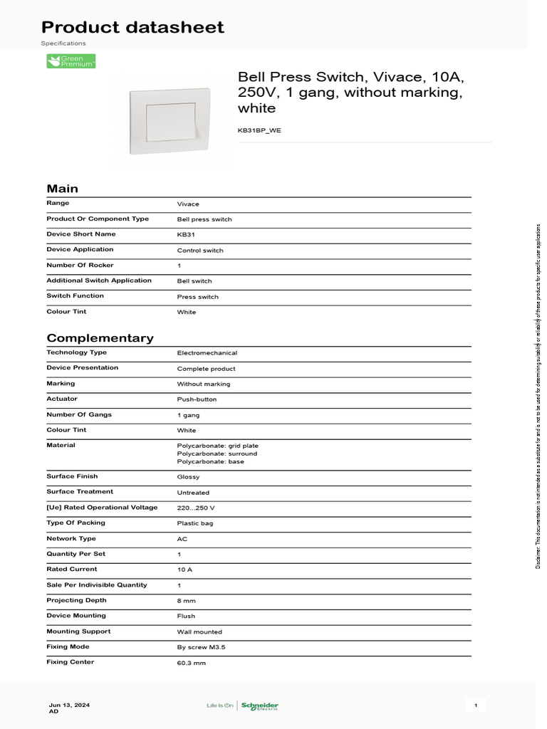 Schneider Electric Vivace KB31BP WE | PDF | Switch | Manufactured Goods