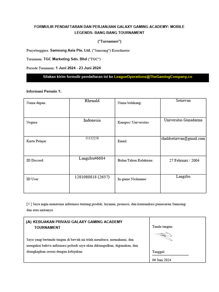 Formulir Pendaftaran Turnamen (ID) - Samsung Galaxy Gaming Academy ...