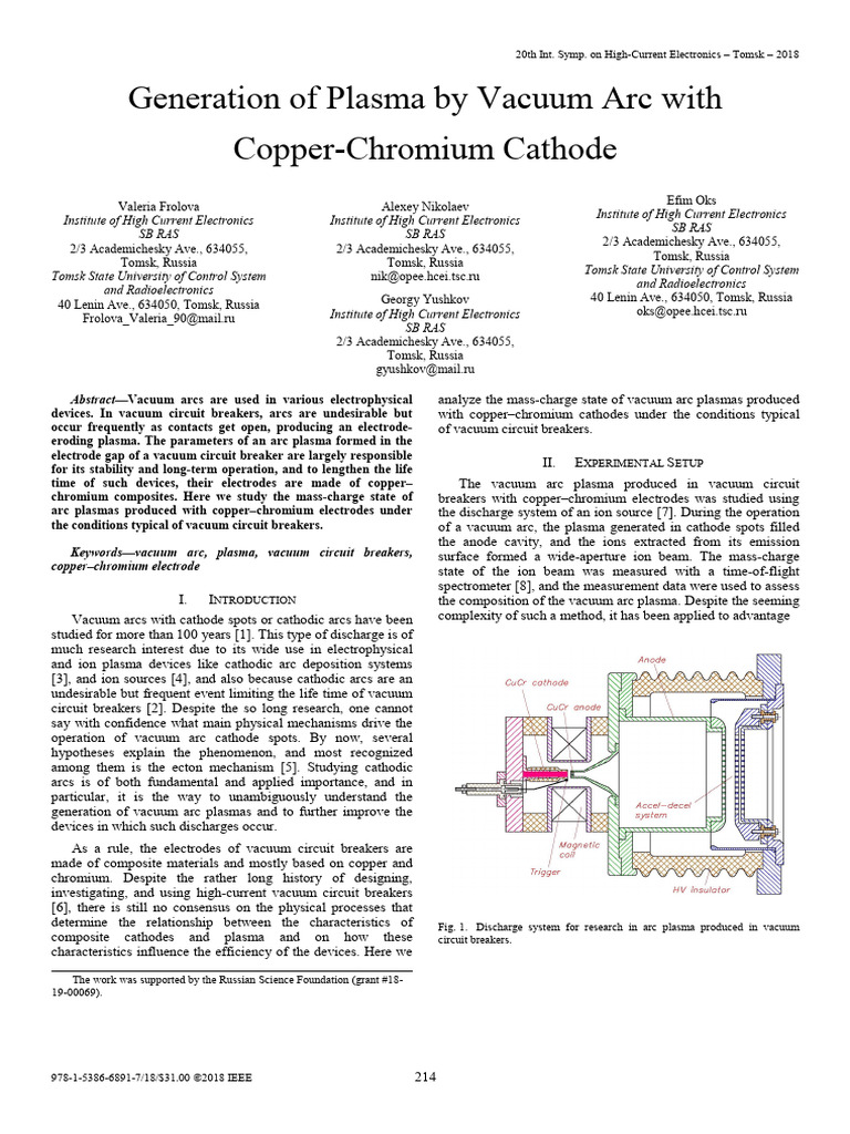 Generation of Plasma by Vacuum Arc with Copper-Chromium Cathode | PDF ...