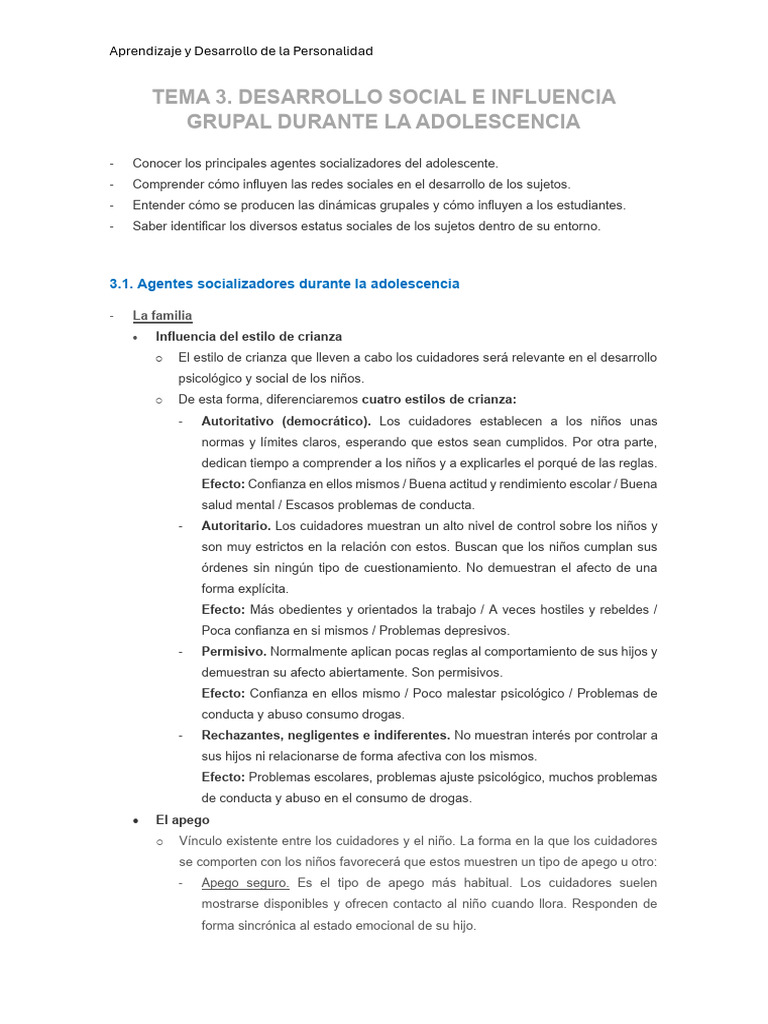 TEMA 3 -DESARROLLO SOCIAL E INFLUENCIA GRUPAL DURANTE LA ADOLESCENCIA | PDF | Teoría de apego ...