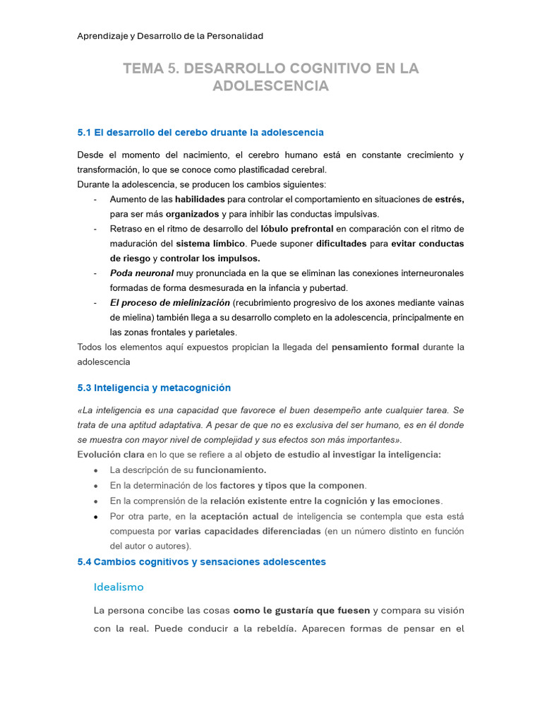 TEMA 5 -DESARROLLO COGNITIVO EN LA ADOLESCENCIA | PDF | Cerebro | Inteligencia