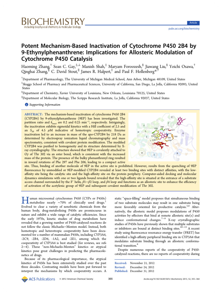 Zhang 2013 Biochemistry CYP2B4dH 9EP | PDF | Cytochrome P450 | Active Site