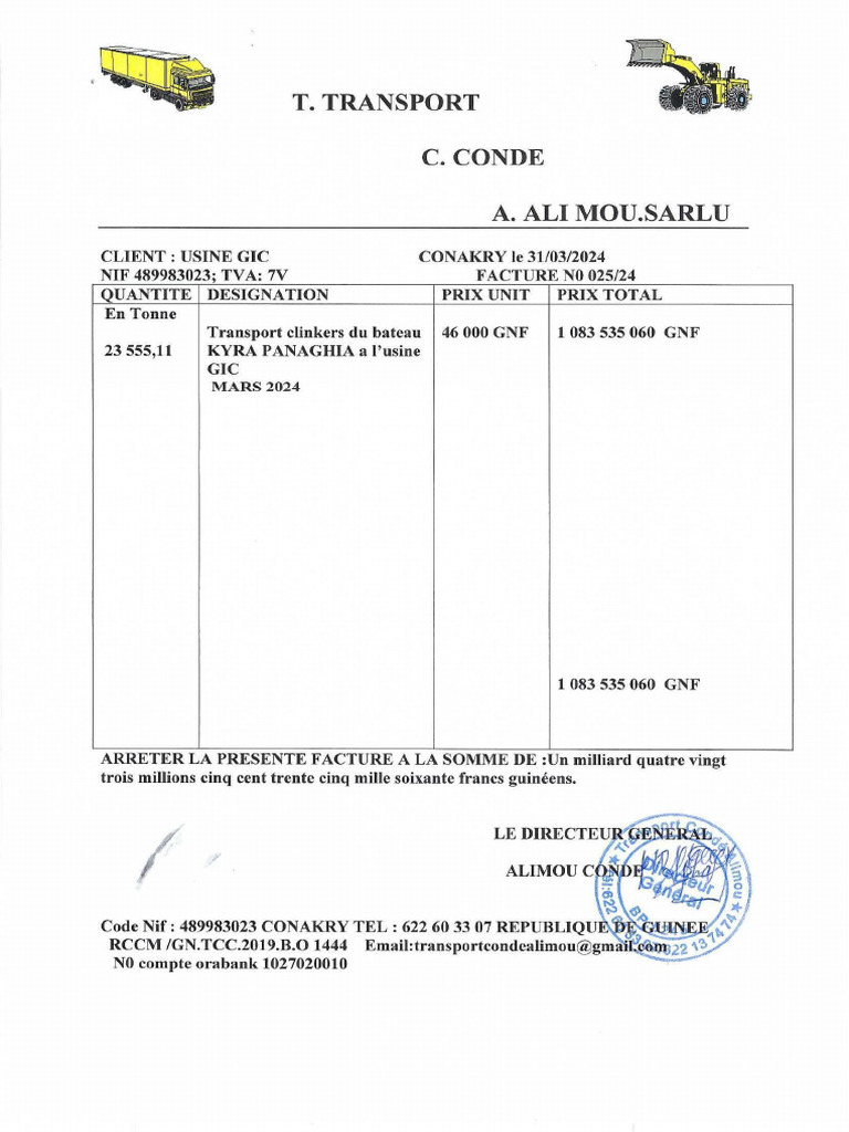 Facture Transport Clinker N°0 025-24-A.ALIMOU - SARLU | PDF
