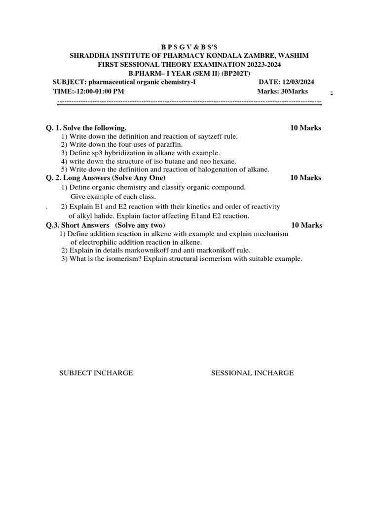 Poc I Sessional Paper I | PDF | Alkane | Alkene