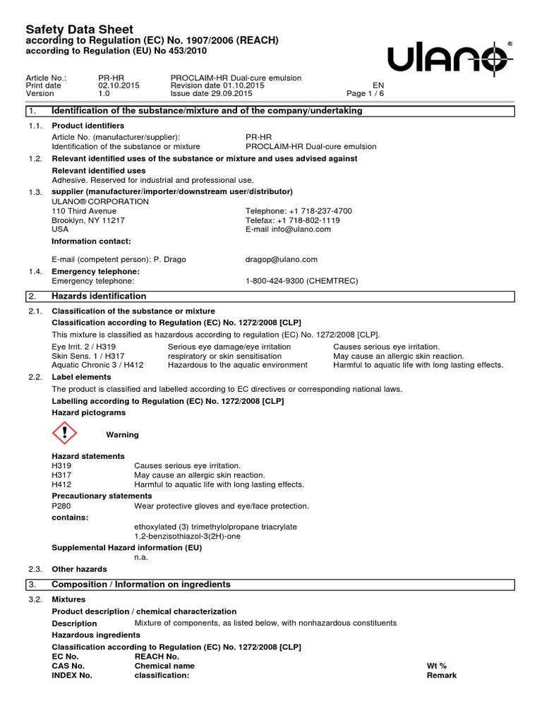 Emi̇syon Proclai̇m Sds Pdf Toxicity Dangerous Goods