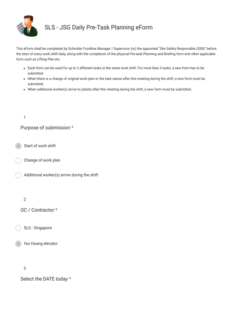 SLS - JSG Daily Pre-Task Planning EForm (Replica) | PDF | Elevator