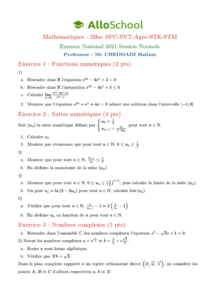 Math 2bac SPC SVT Ste STM Examen National 2021 Session Normale 2 | PDF