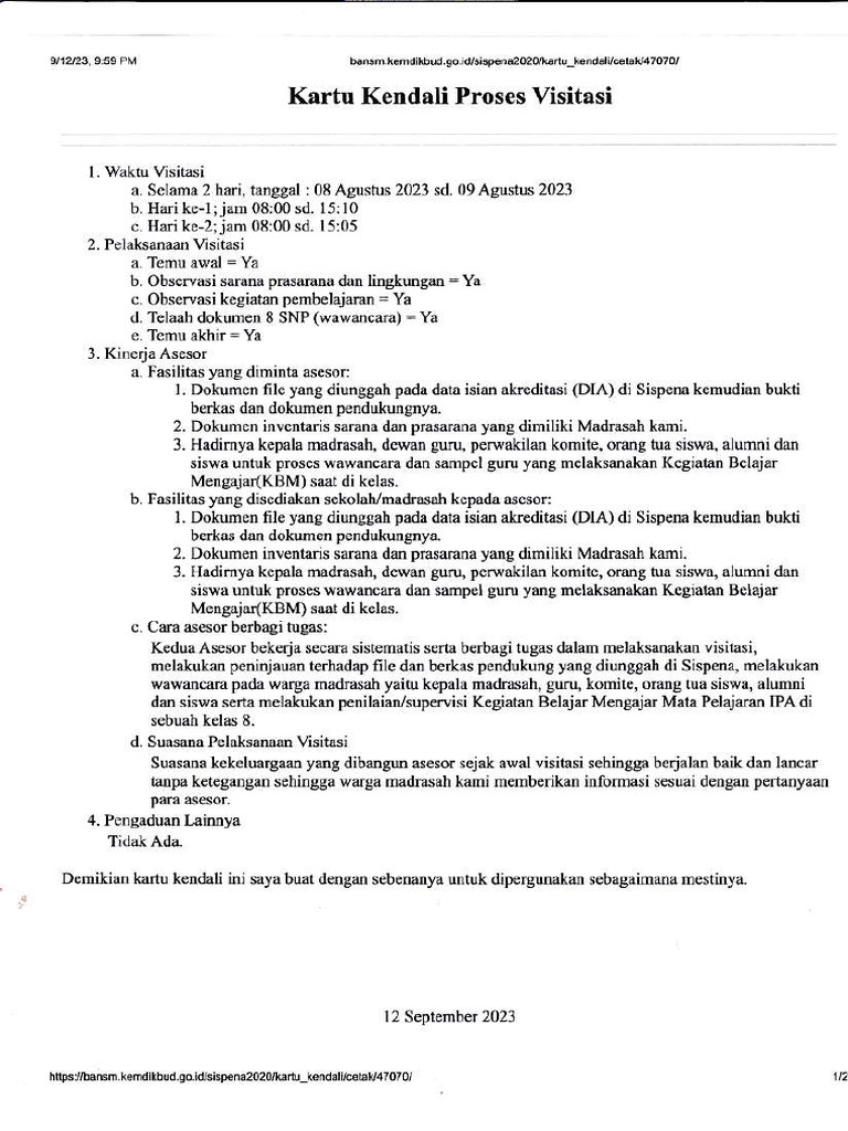 Kartu Kendali MTSN 2 KTB | PDF