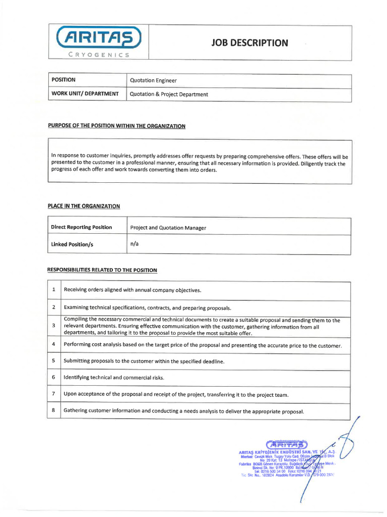 Job Description_Quotation Engineer | PDF