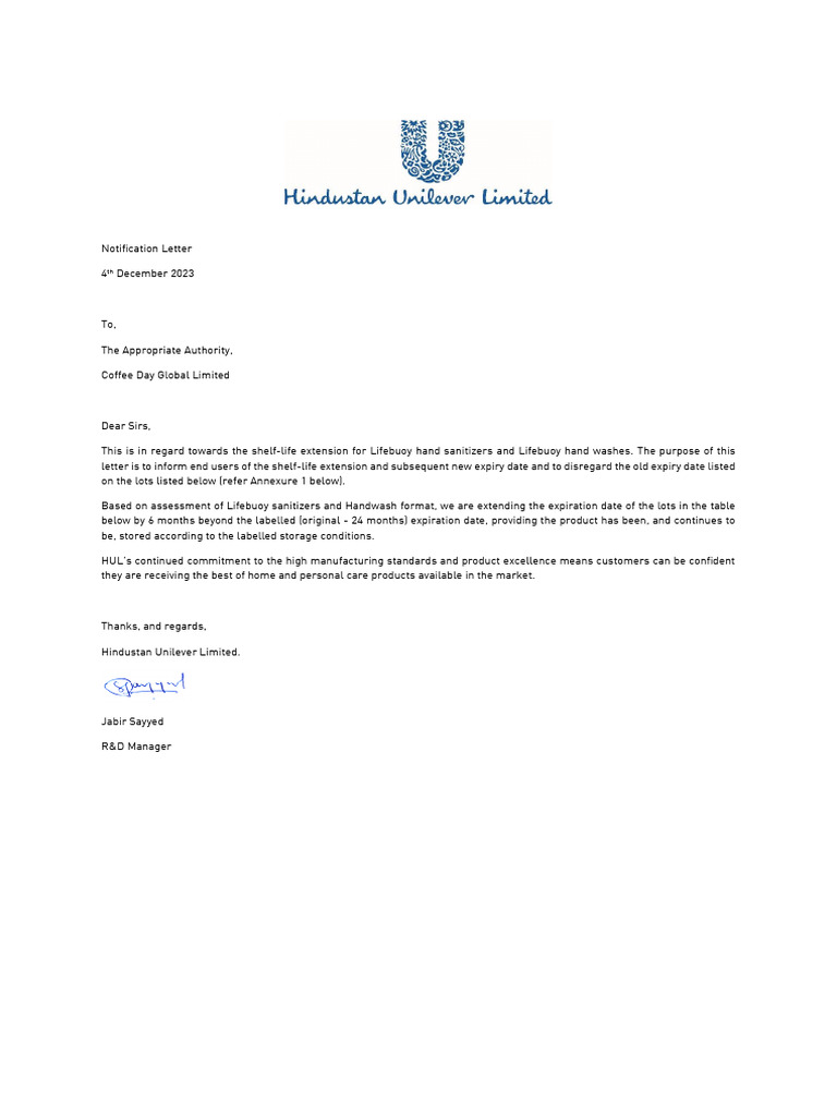 Notification Letter - Shelf Life Extention For CCD | Download Free PDF ...