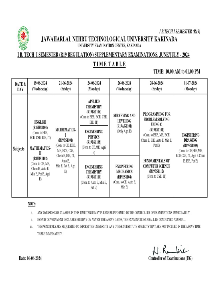 I B.Tech I Sem R19 June - July-2024 | PDF | Computer Science | Engineering