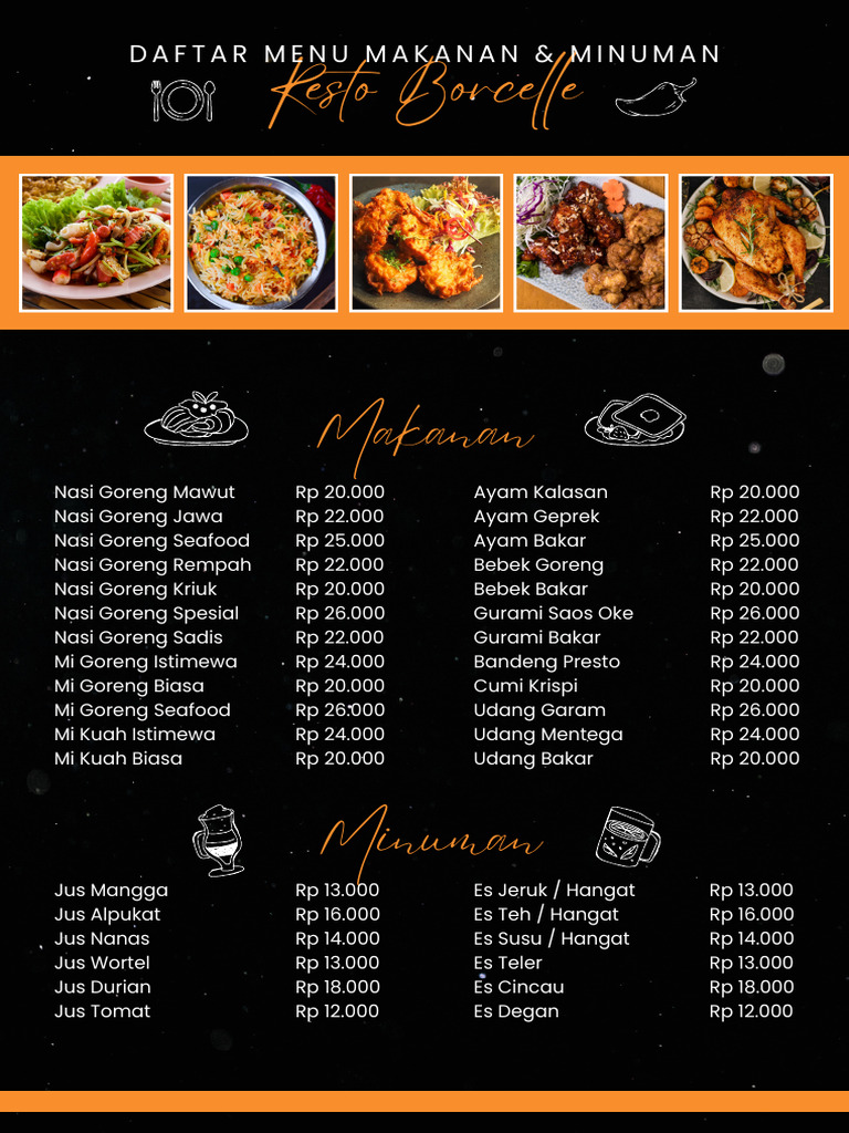 Hitam Oranye Modern Ilustrasi Daftar Menu Resto Makan | PDF | Memasak ...
