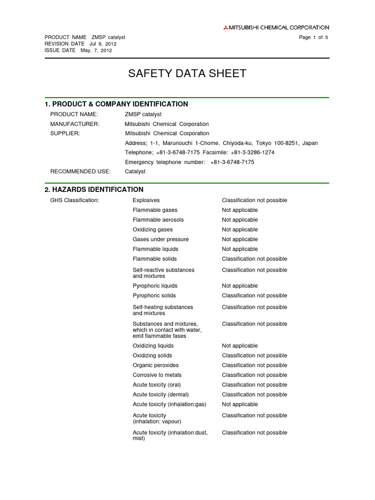 ZMSP Catalyst Safety Data Sheet | PDF | Toxicity | Firefighting