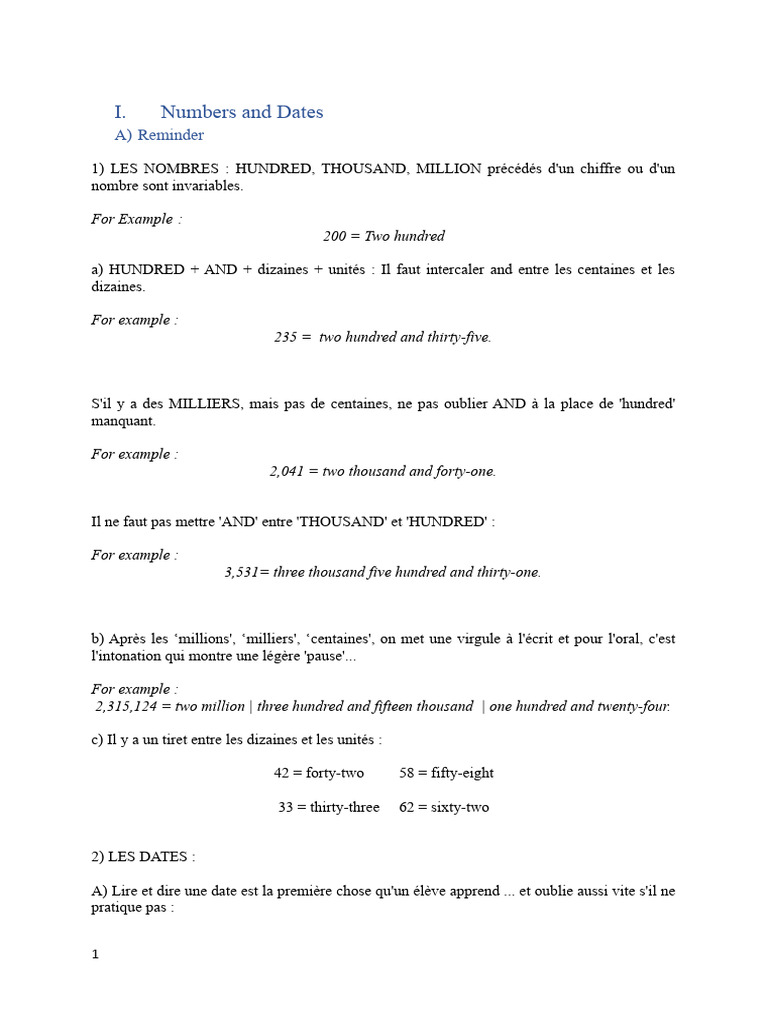 Numbers and Dates in English Grammar | PDF | Linguistics | Grammar