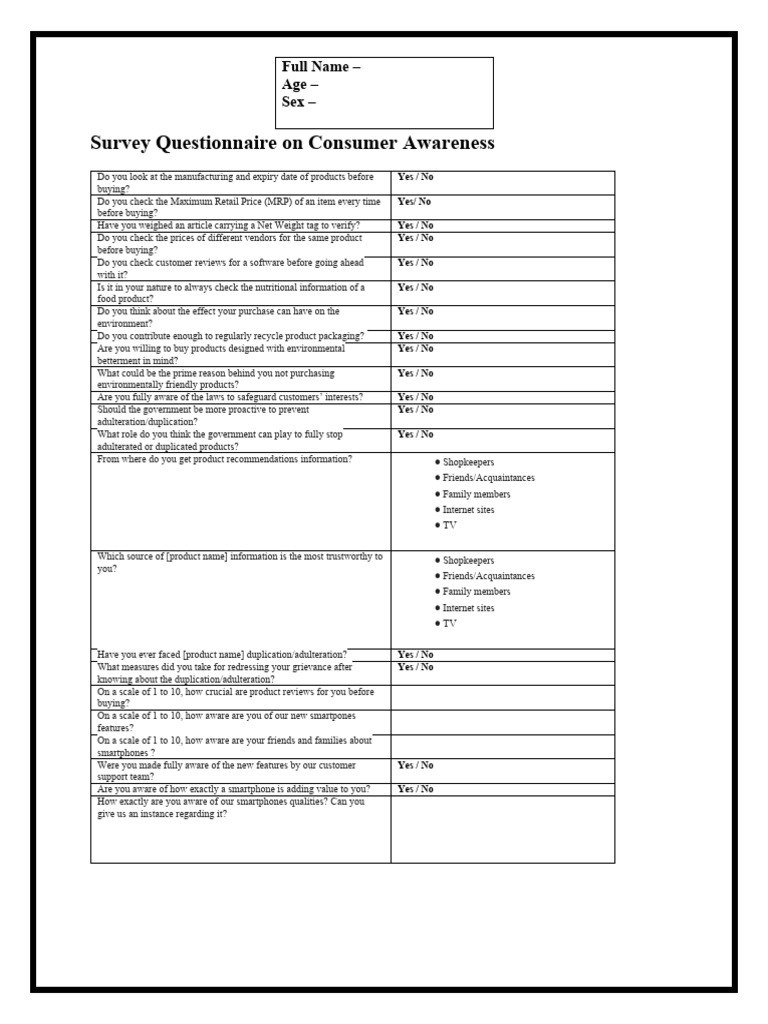 Consumer Awareness Survey Questionnaire | PDF | Economies | Business ...