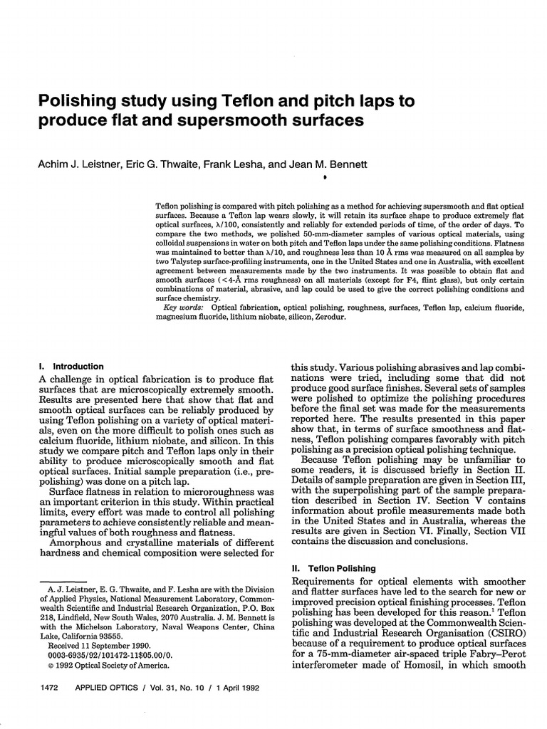 1992 - Polishing Study Using Teflon and Pitch Laps To | PDF | Materials | Applied And ...
