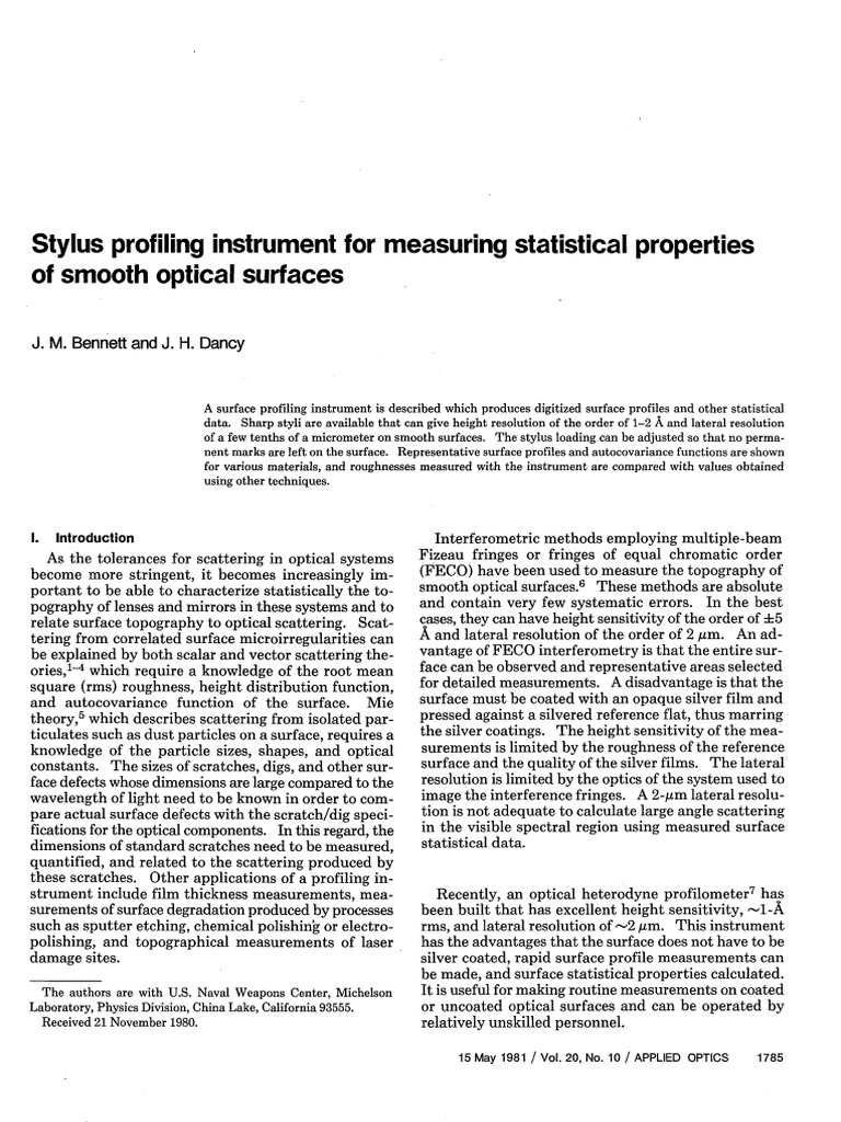 1981 - Stylus Profiling Instrument For Measuring Statistical Properties ...