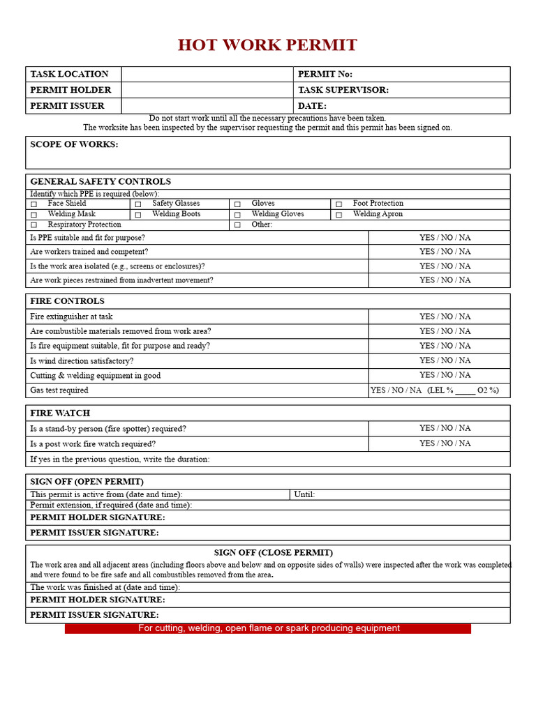 Hot Work Permit | Download Free PDF | Personal Protective Equipment | Fires