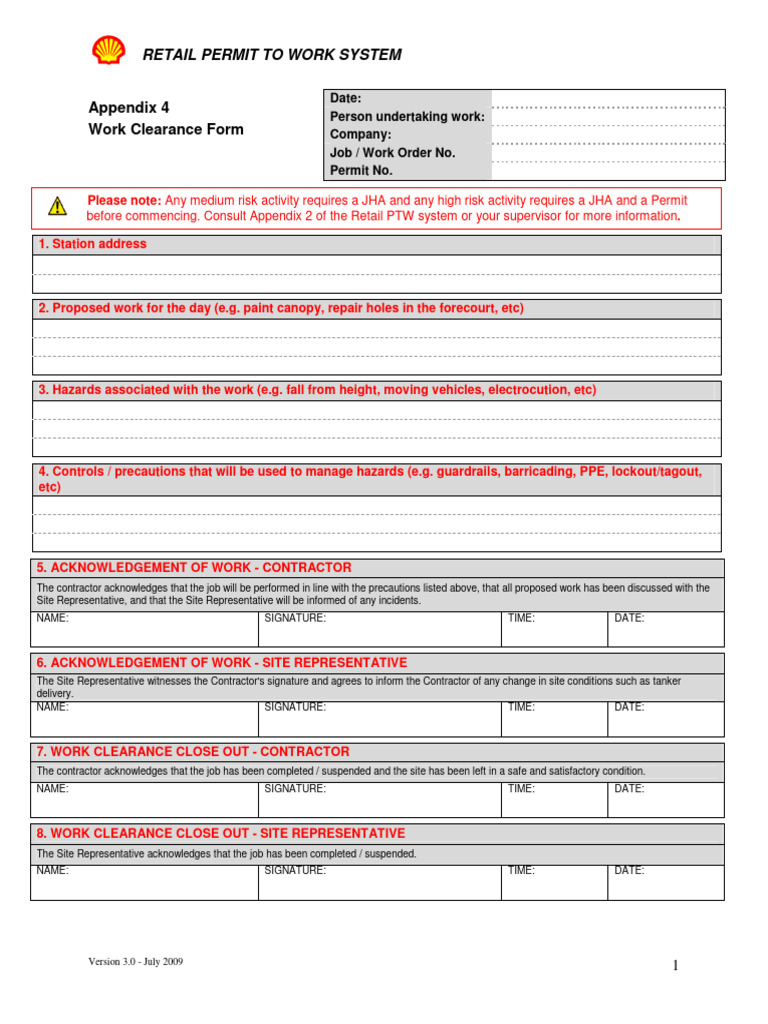 PTW - Work Clearance Form | PDF | Safety | Occupational Safety And Health