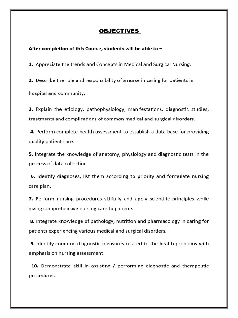 Medical-Surgical Nursing Course Objectives | PDF | Surgery | Nursing