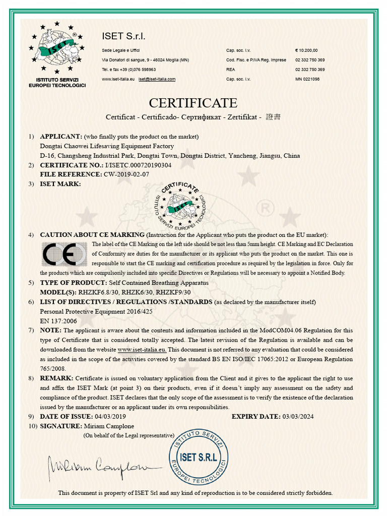 Certificate ISET SCBA 6L IISETC.000720190304 | PDF | Regulation