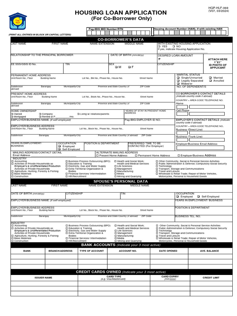 Pag Ibig Housing Loan Form Co-Borrower - HLF069 ...