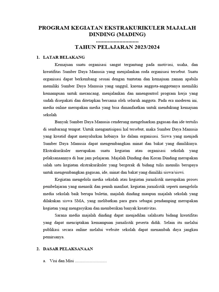 Program Kegiatan Ekstrakurikuler Majalah Dinding | PDF