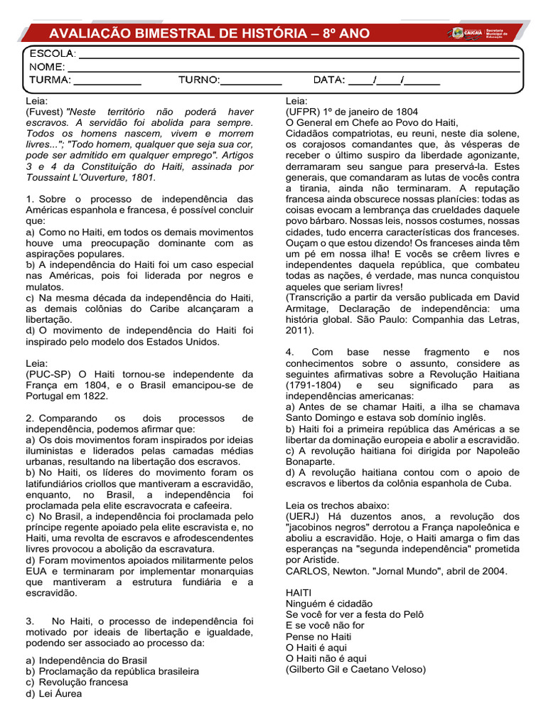 8°ano - Avaliação Bimestral História - 2° Período 2024 | PDF | Brasil ...