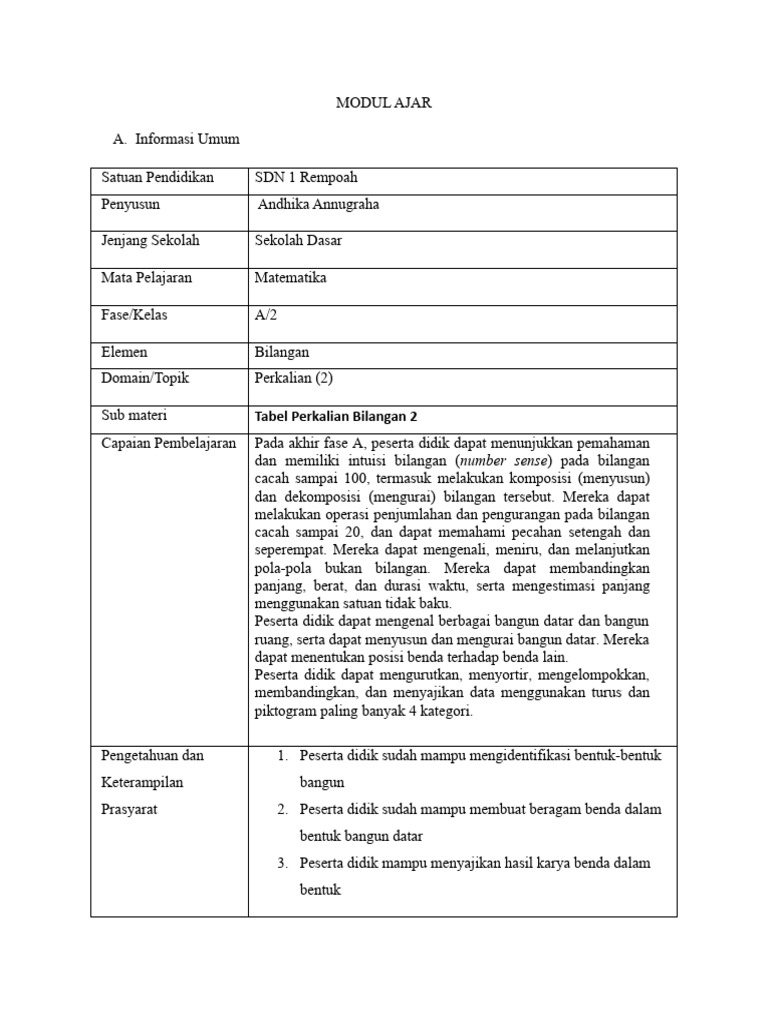 Modul Ajar Kelas 2 Untuk Siklus 1 | PDF