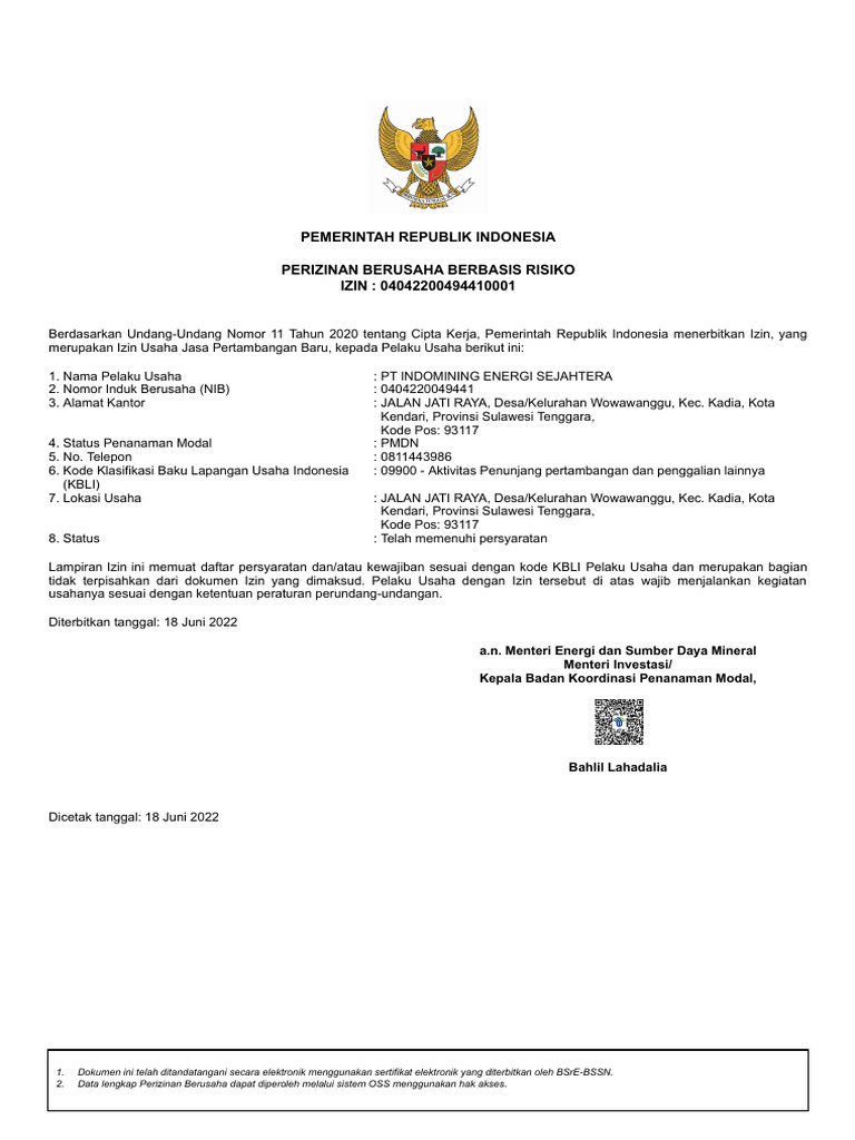 Izin Usaha PT Indomining Energi Sejahtera | PDF
