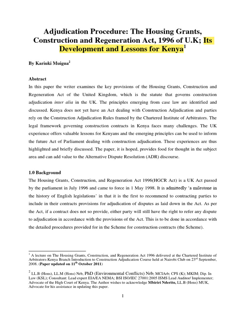 Adjudication Procedure The Housing Grants Construction and Regeneration ...