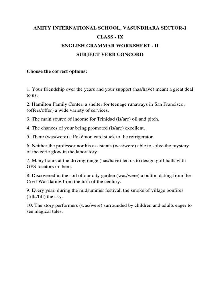 Subject - Verb Concord Worksheet - II | PDF | Sports & Recreation ...