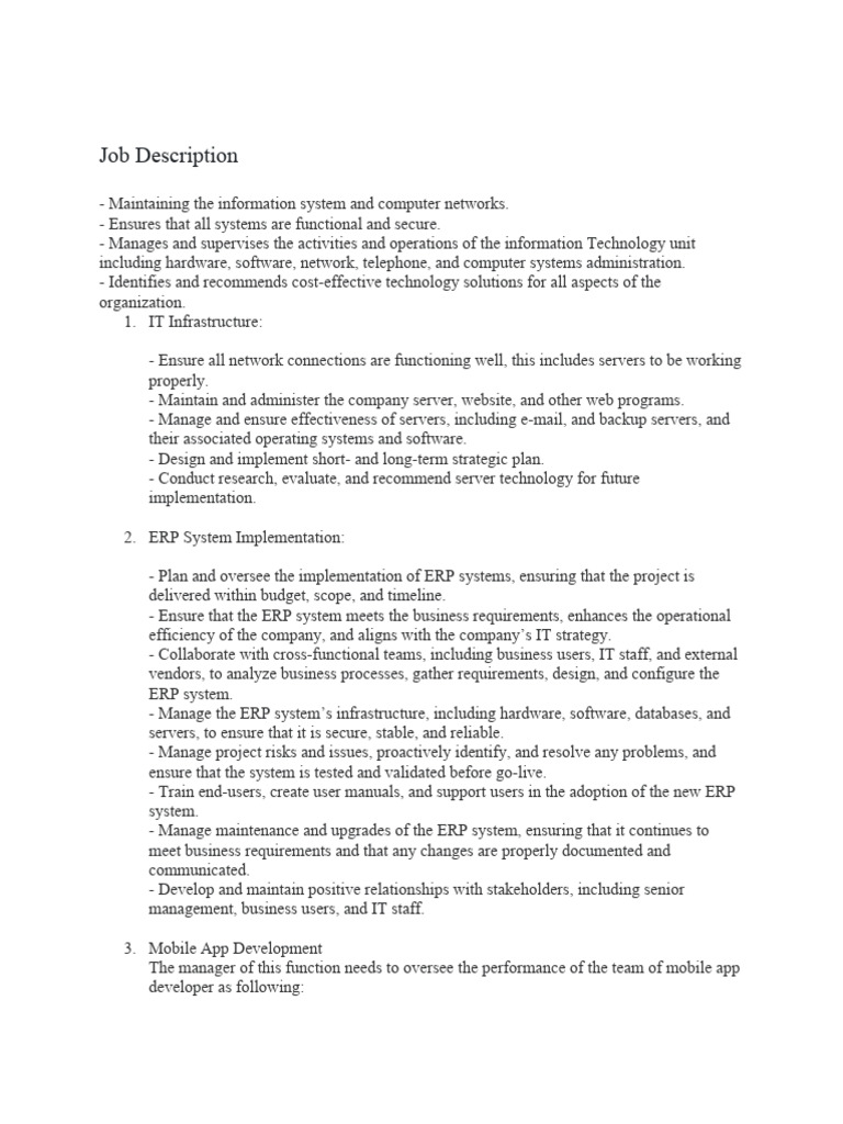 JD of System Dovelopment Manager | PDF | Enterprise Resource Planning ...