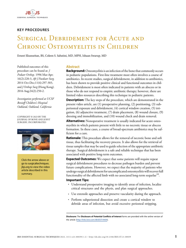 Surgical Debridement For Acute and Chronic Osteomyelitis in Children ...