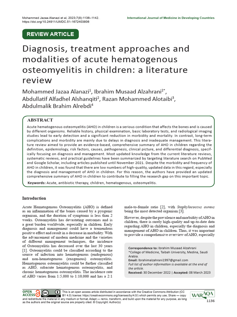Diagnosis Treatment Approaches and Modalities of Acute Hematogenous ...