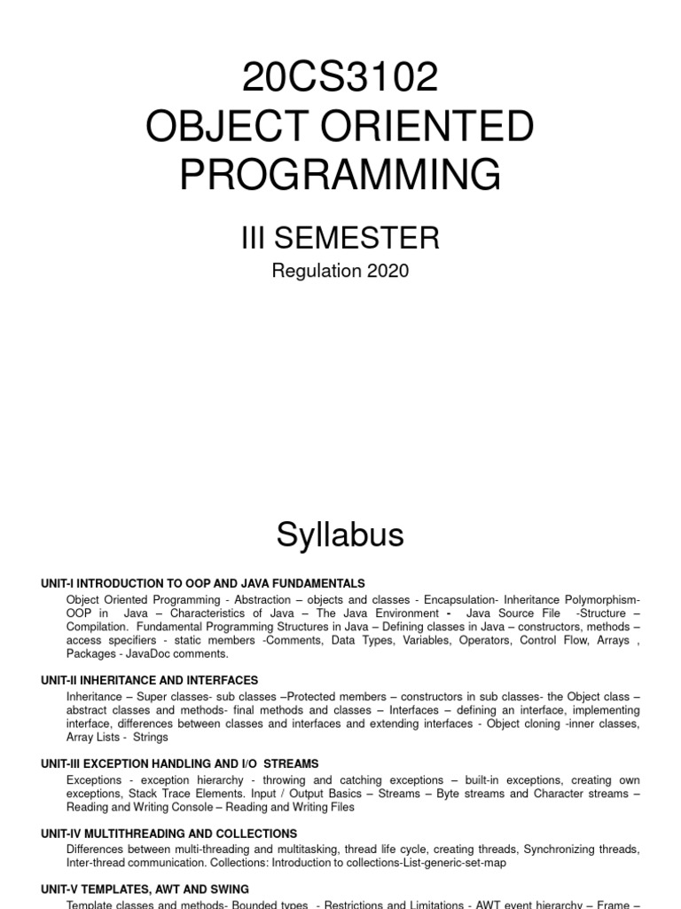Unit 1 Ppt 20cs3102 Oops Pdf Method Computer Programming Object Oriented Programming