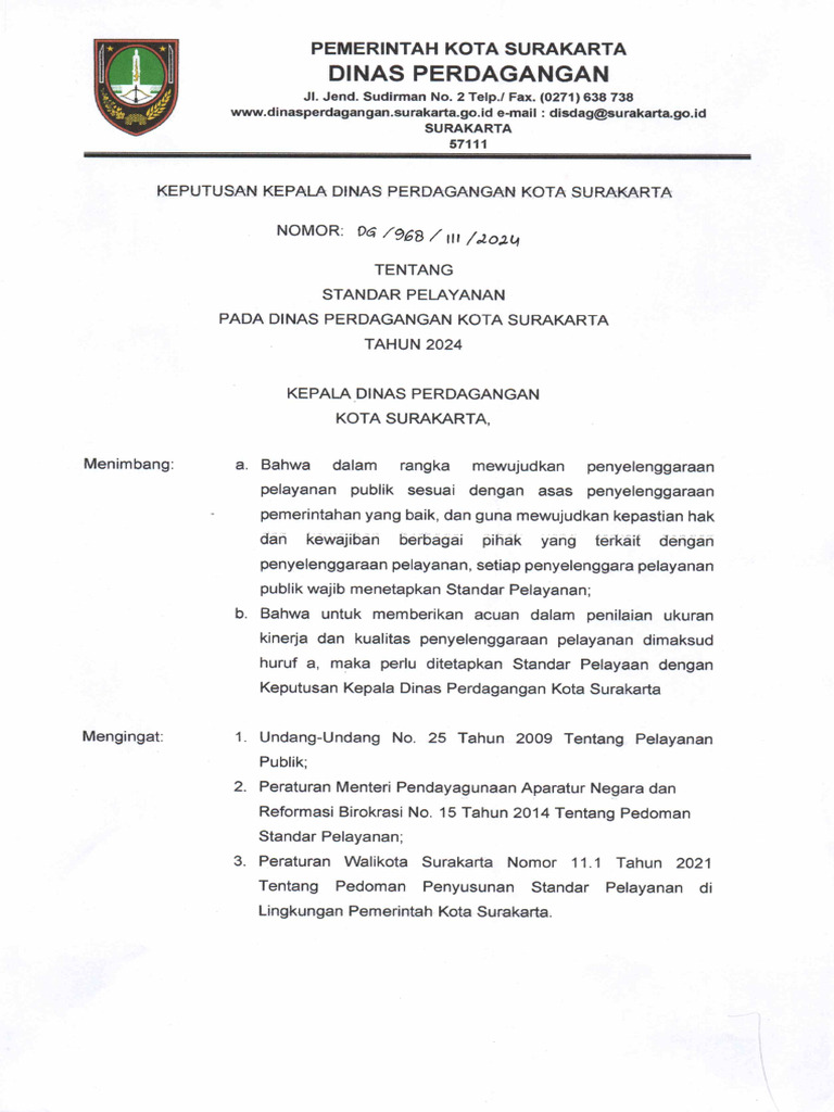 SK Standar Pelayanan 2024 | PDF