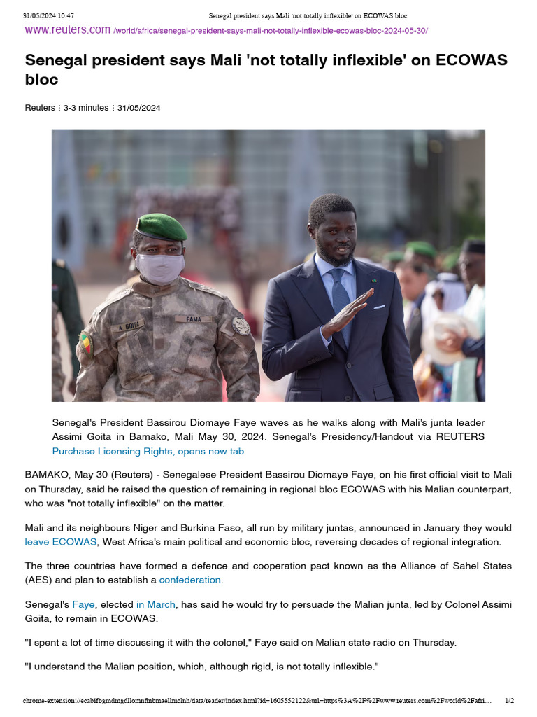Senegal President Says Mali 'Not Totally Inflexible' On ECOWAS Bloc - Reader View | PDF | Mali ...