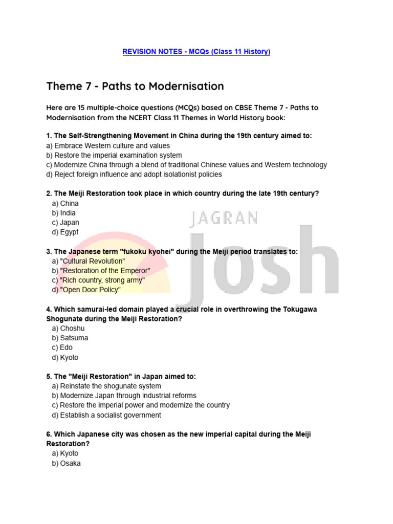 Class 11 MCQ ch7 | PDF | Shogun | Japan
