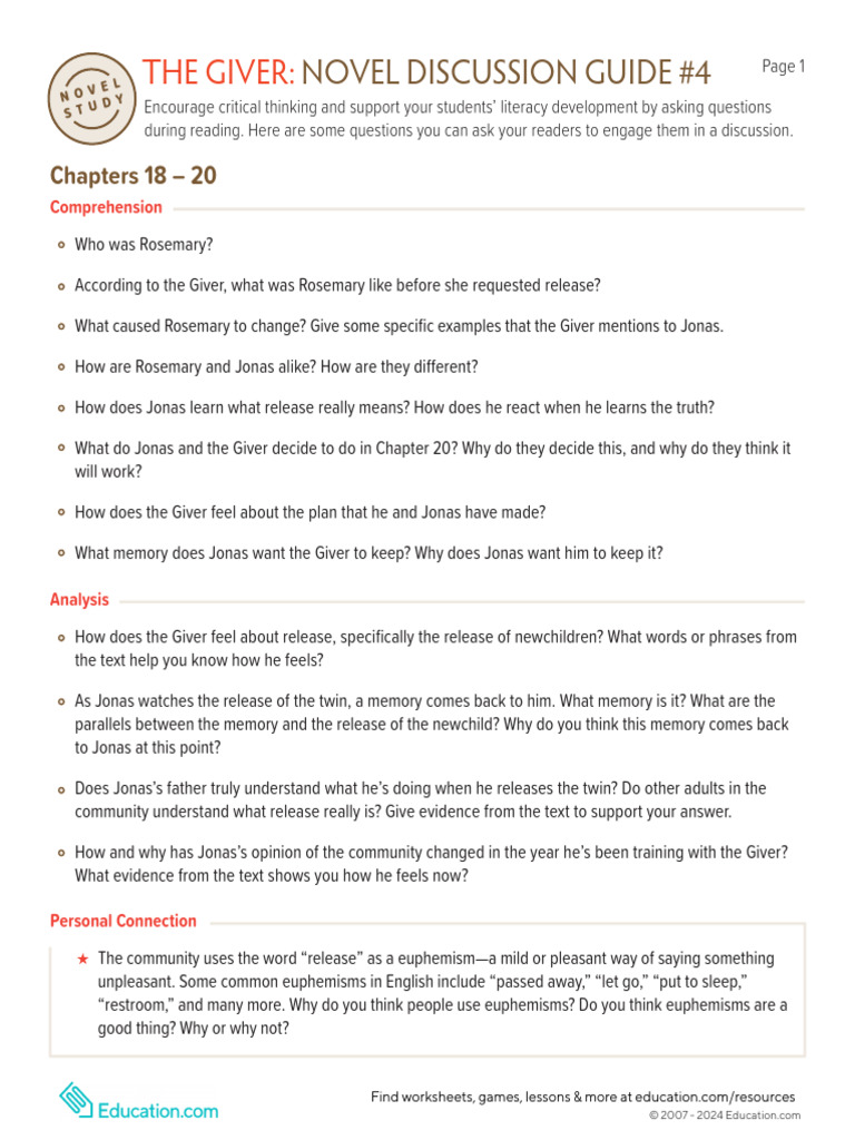 Novel Study The Giver Discussion Guide 4 | PDF | The Giver | Reading ...