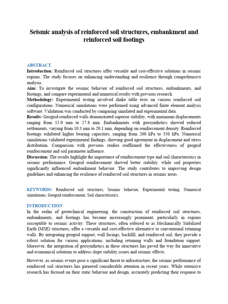 Seismic Analysis of Reinforced Soil Structures, Embankment and Reinforced Soil Footings ...