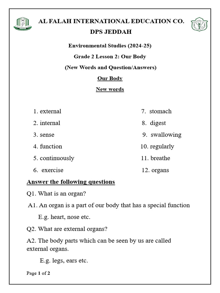 Grade - 2 Our Body Notes | PDF | Language Arts & Discipline | Wellness