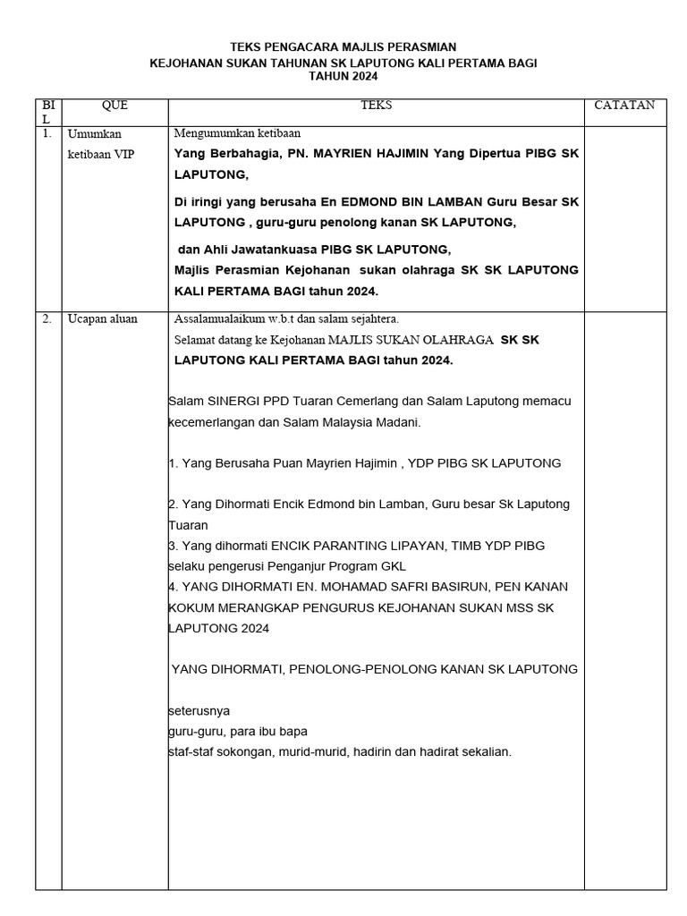 Teks Teks Pengacara Majlis Perasmian Sukan Free | PDF