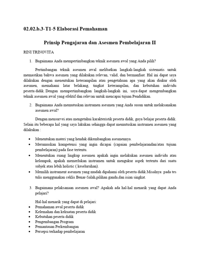02.02.b.3-T1-5 Elaborasi Pemahaman. PRINSIP PENGAJARAN DAN ASESMEN PEMBELAJARAN II. RINI ...